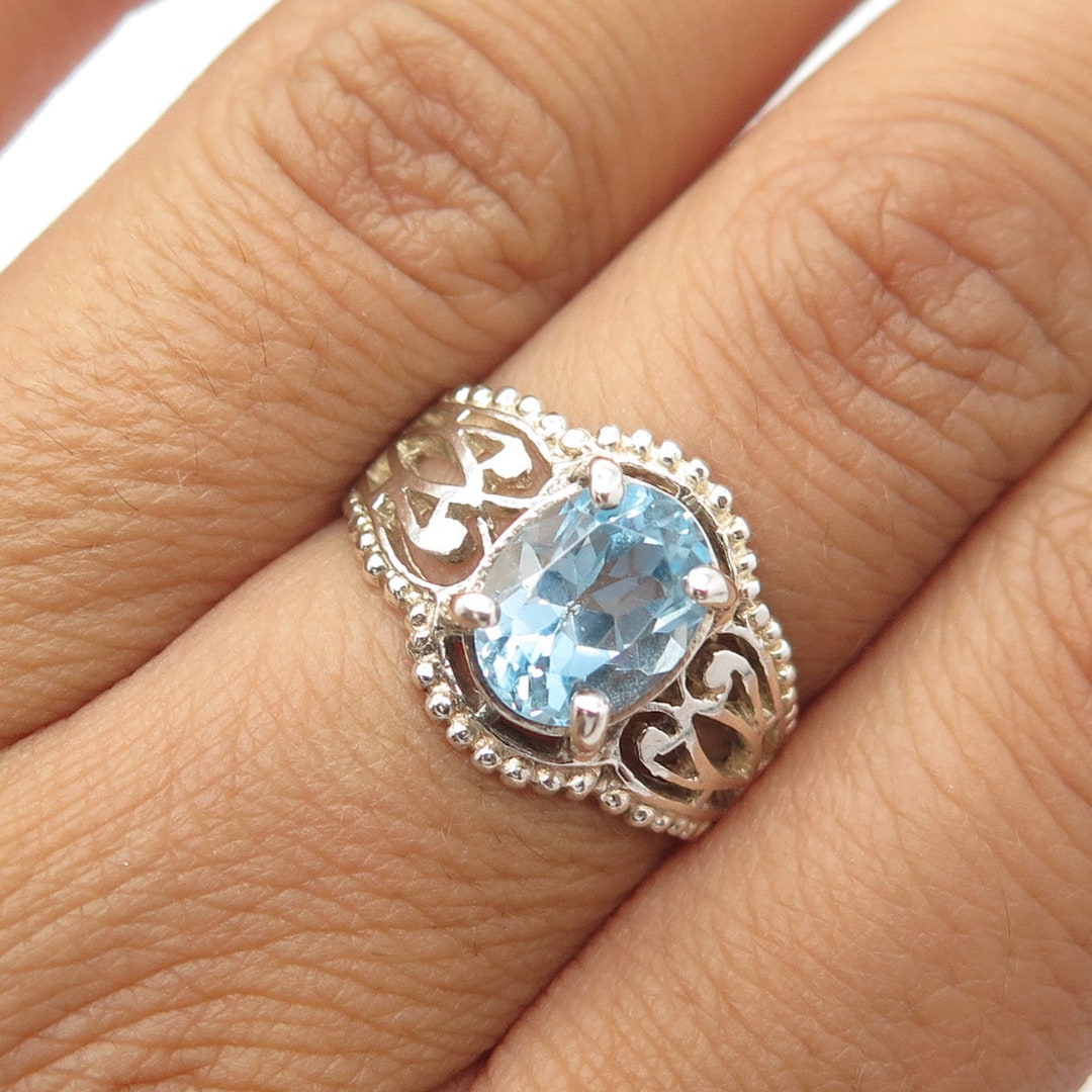 925 Sterling Silver Vintage Real Blue Topaz Gemstone Ornate Ring Size 6 ...