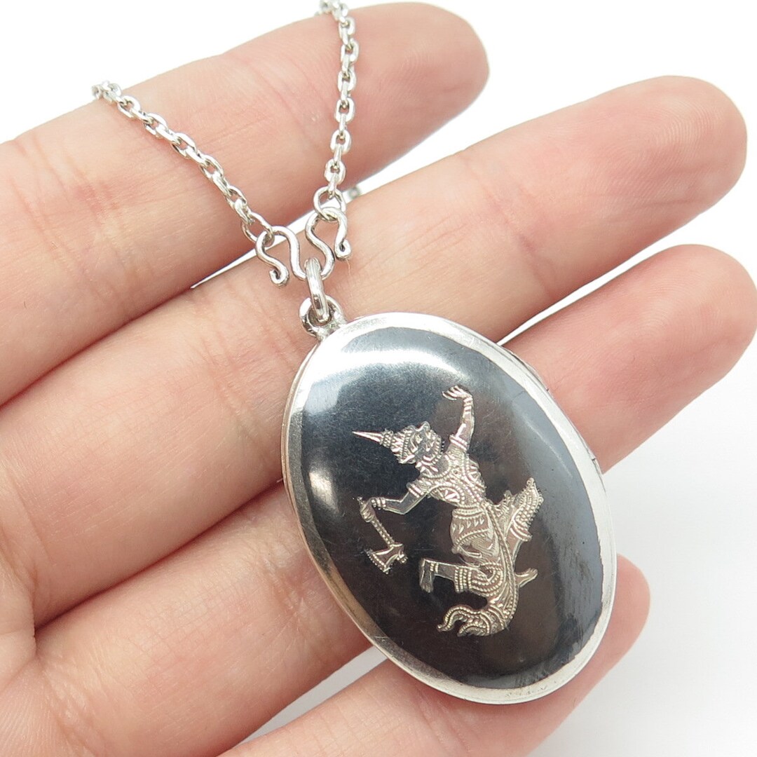 HAINAK 925 Sterling Silver Vintage Siam Niello Hindu Goddess Locket ...