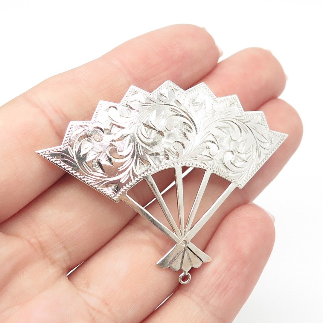950 Silver Vintage Fan Etched Pin Brooch - Etsy