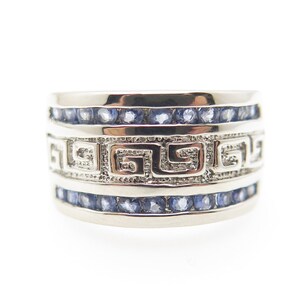 925 Sterling Silver Real Round-cut Sapphire Greek Maze Ring Size 6.25 ...