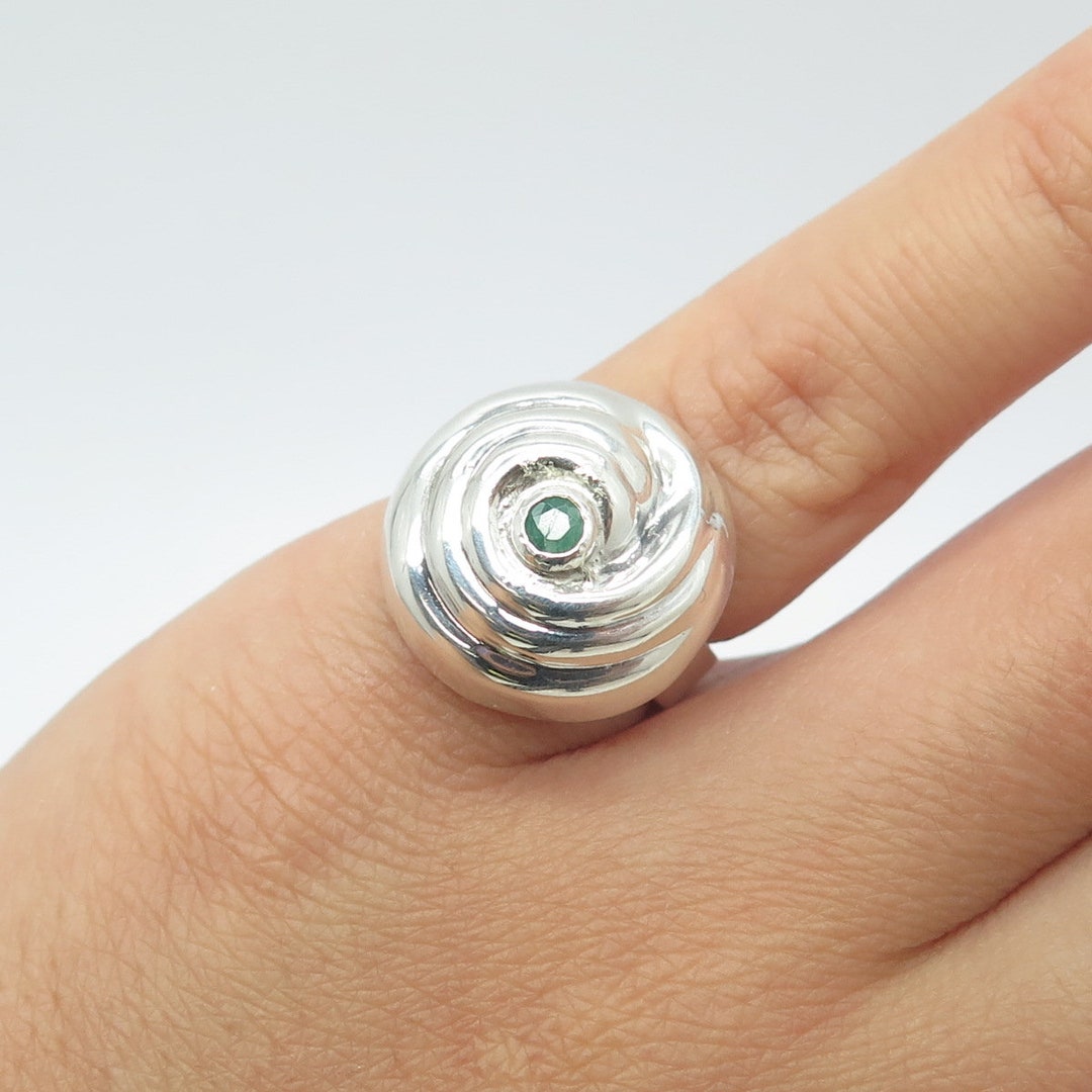 TURE 925 Sterling Silver Vintage Mexico Real Emerald Spiral Ring Size 5 ...