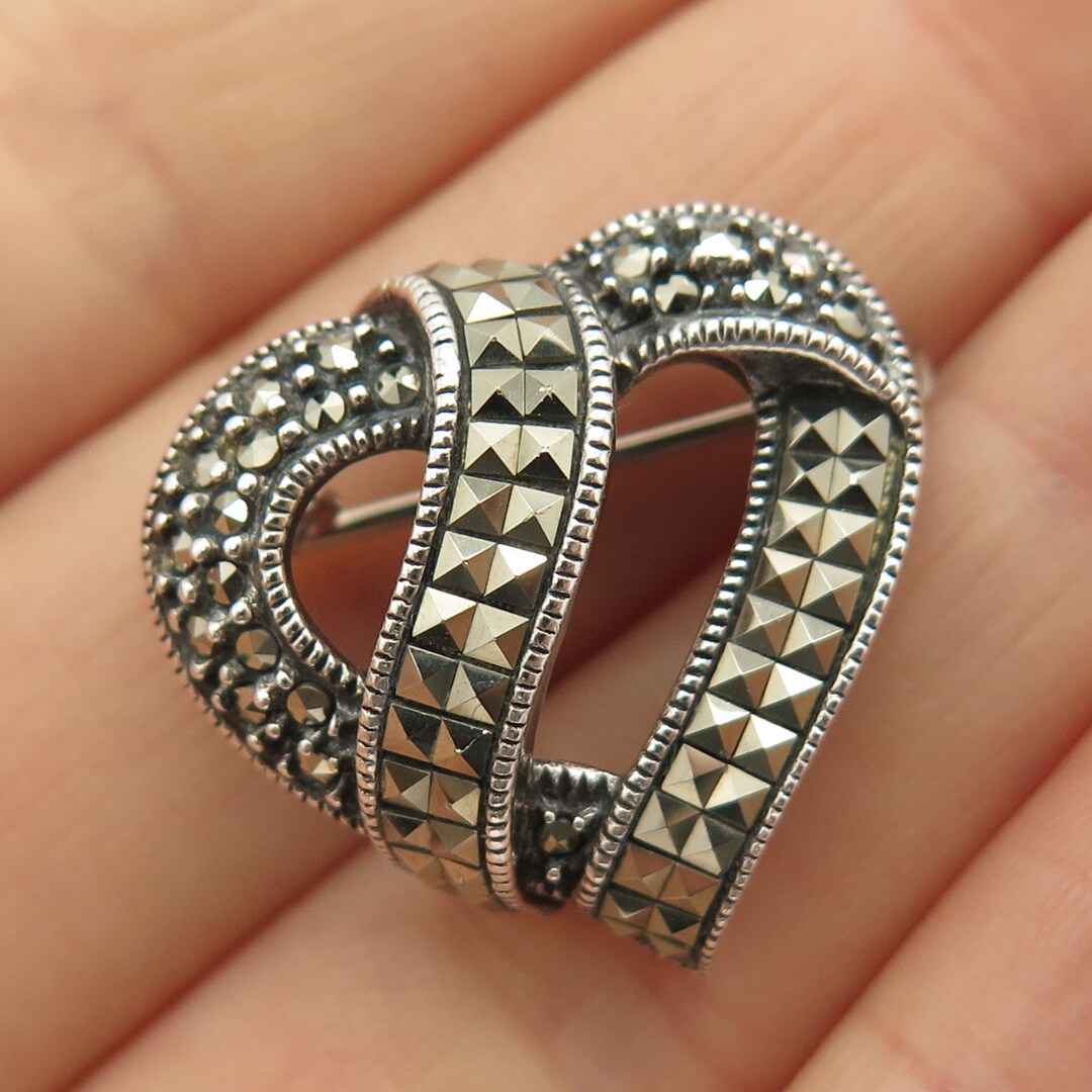 925 Sterling Vintage Judith Jack Real Marcasite Gem Heart Pin Brooch ...