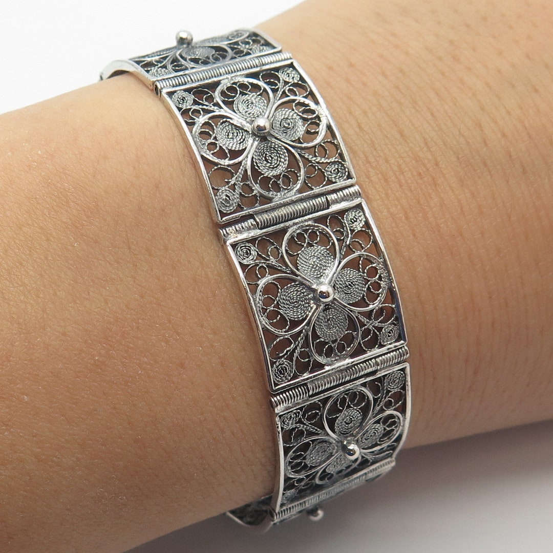 800 Silver Antique Filigree Panel Link Bracelet 7.25 - Etsy