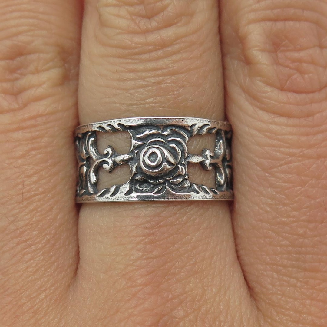 ALBO 835 Silver Vintage Rose Flower Oxidized Band Ring Size 9 - Etsy