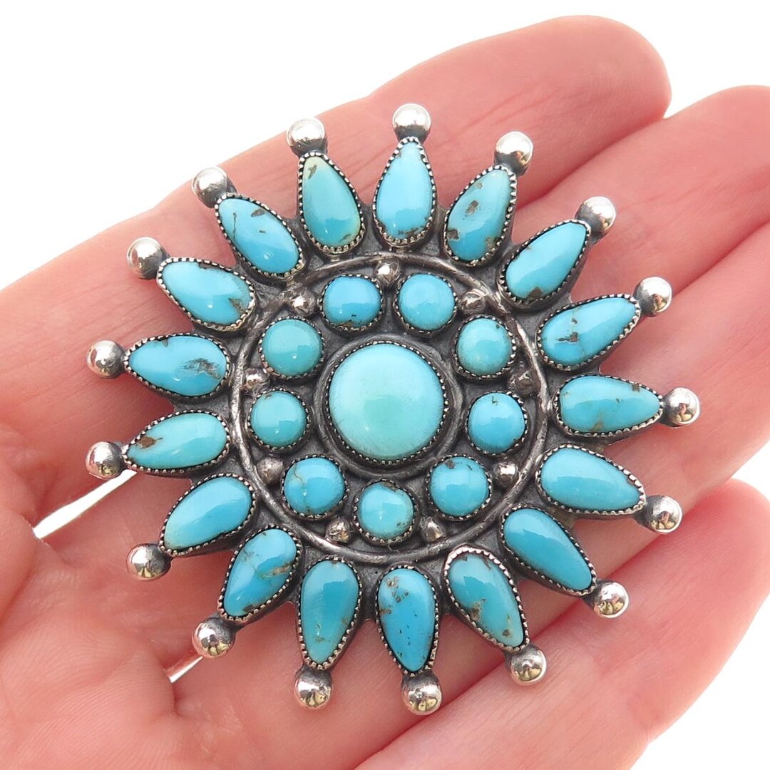 Old Pawn 925 Sterling Silver Vintage Southwestern Turquoise Flower Pin ...