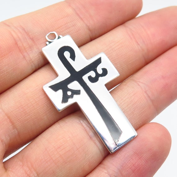 925 Sterling Silver Vintage Creed Enamel Cross Pendant - Gem