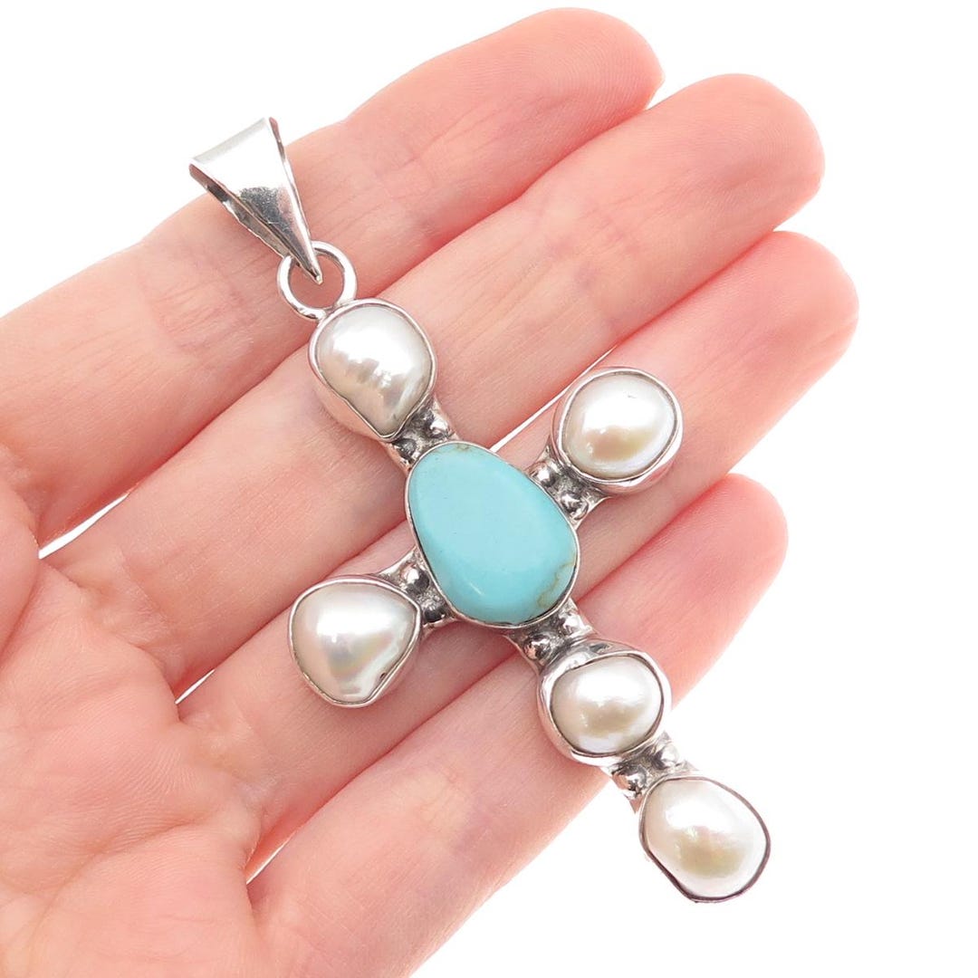 925 Sterling Silver Vintage HOB Mexico Real Turquoise & Pearl Cross ...