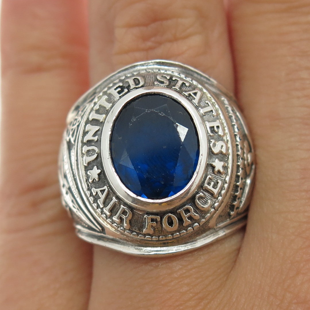 PRIDE 925 Sterling Antique WWII Lab-created Sapphire US Air Force Ring ...