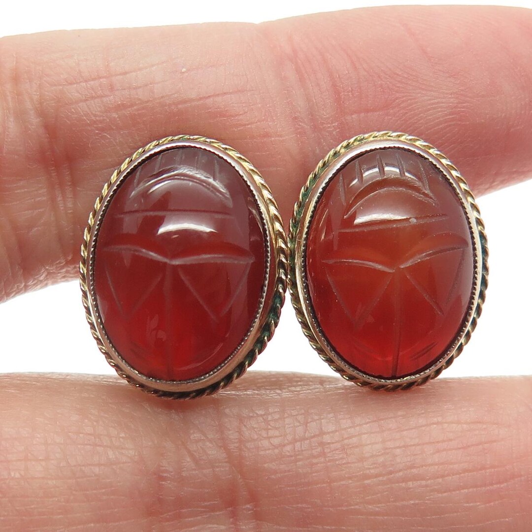 925 Sterling Silver 2-tone Antique Real Carved Amber Scarab Screw Back ...