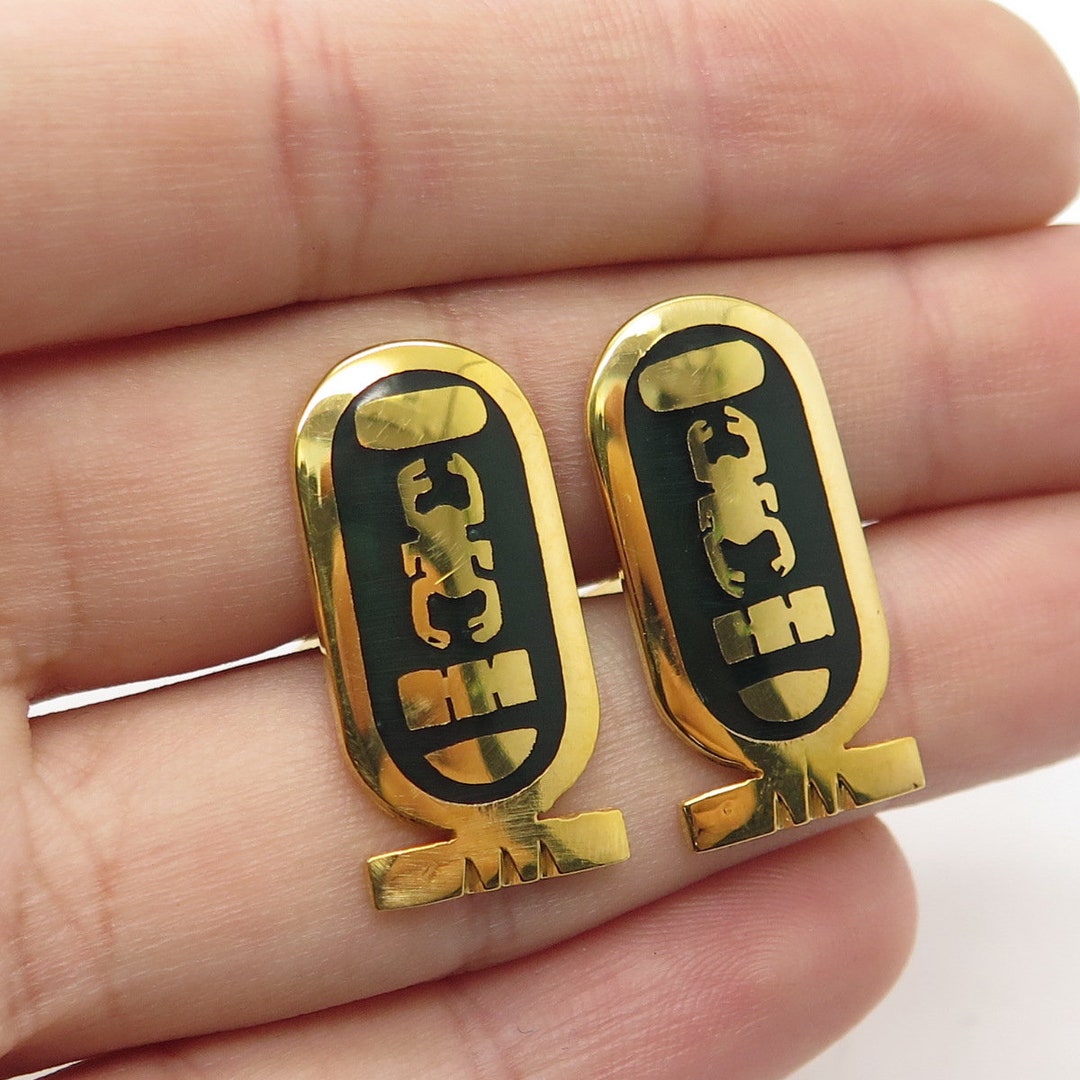 800 Silver Gold Plated Vintage Egypt Enamel Cartouche Beetle / Scarab ...