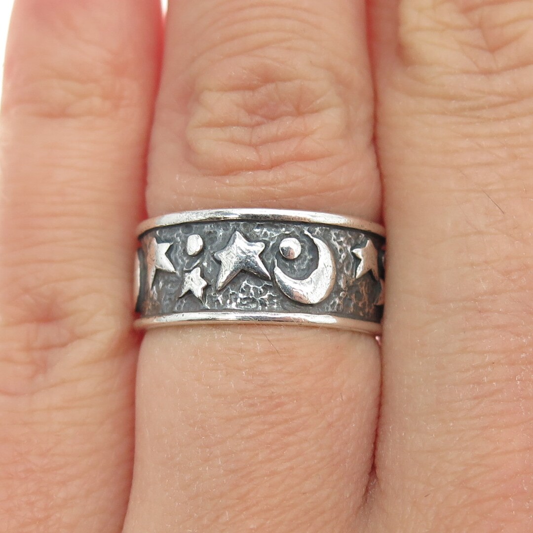 SHUBE 925 Sterling Silver Vintage Crescent Moon and Star Band Ring Size ...
