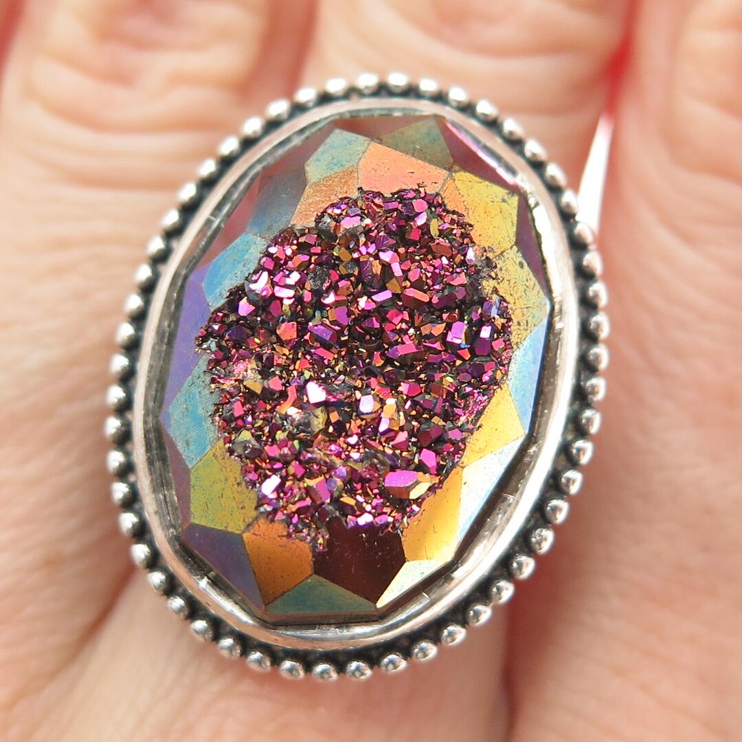 COLLEEN LOPEZ 925 Sterling Vintage Real Rainbow Druze Adjustable Ring ...