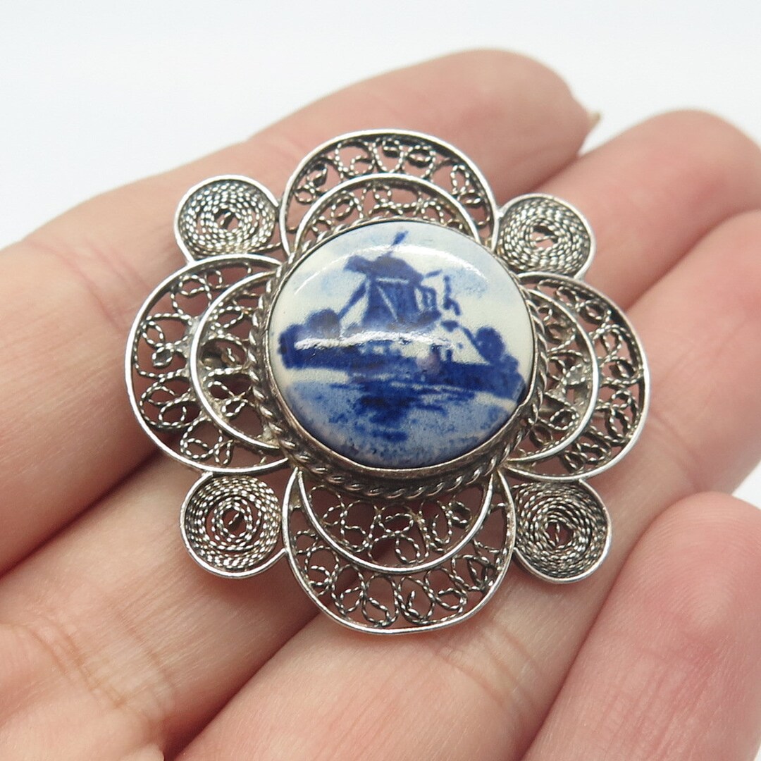 835 Silver Antique Ceramic Windmill Filigree Pin Brooch - Etsy