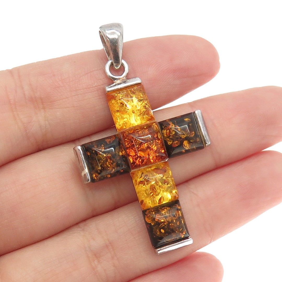 925 Sterling Silver Vintage Real Colorful Amber Cross Pendant - Etsy