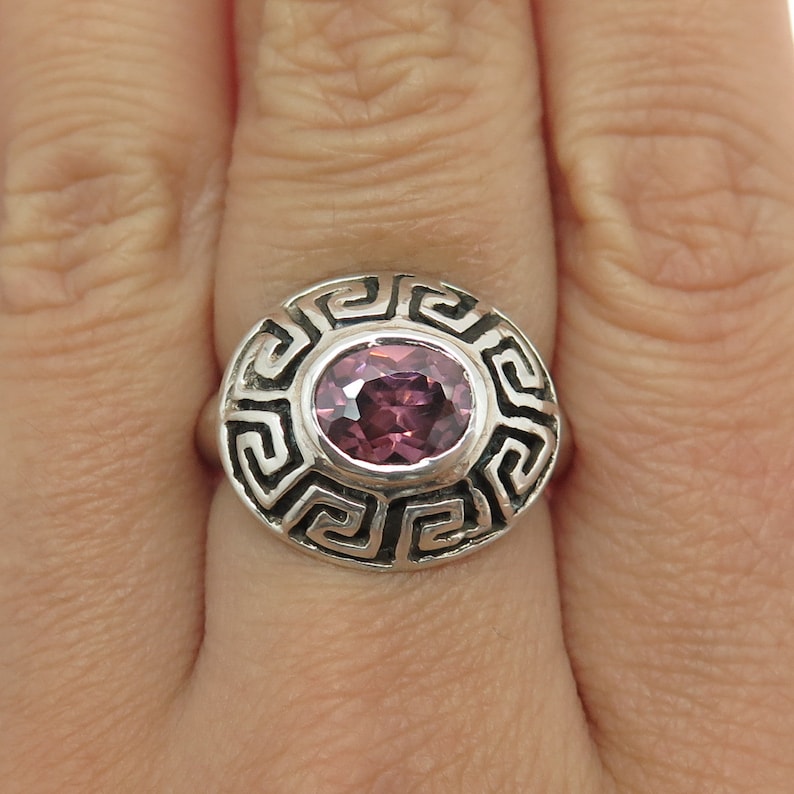 925 Sterling Silver Vintage Real Oval-cut Tourmaline Greek Maze Ring ...
