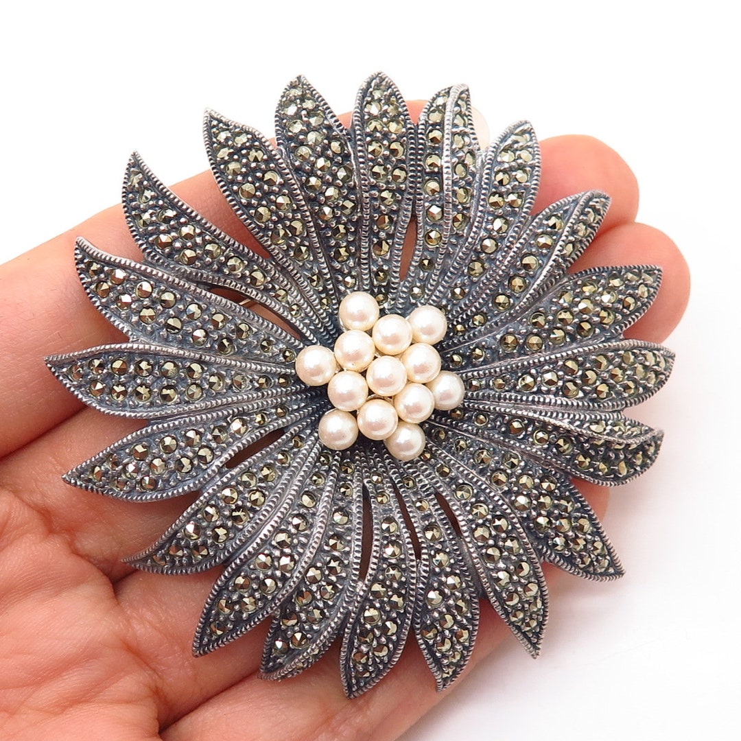 925 Sterling Vintage Judith Jack Faux Pearl and Marcasite Gem Floral ...