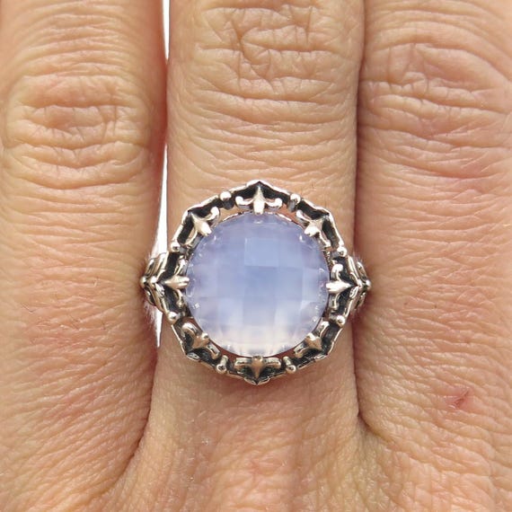 925 Sterling Silver Vintage Blue Chalcedony Gem Fleur… - Gem