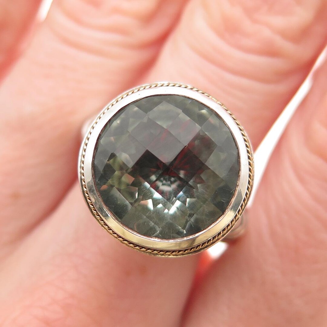 EFFY 925 Sterling Silver 18K Gold Vintage Real Round-cut Prasiolite ...