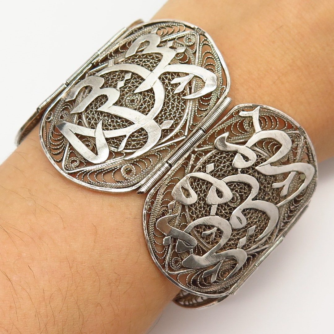 900 Silver Antique Arabic Writings Filigree Panel Link Bracelet 6.5 - Etsy