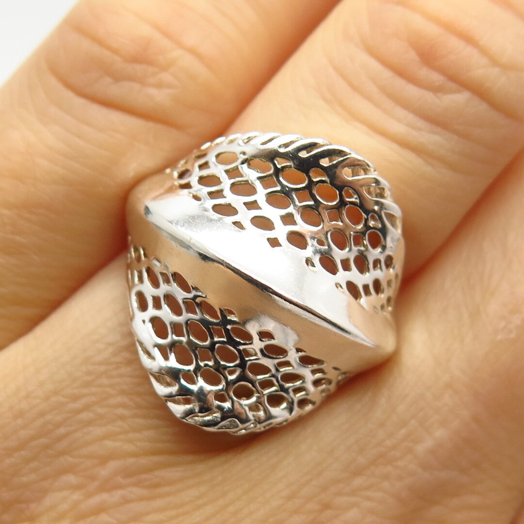 925 Sterling Silver Vintage Grid Design Wide Ring Size 6 1/4 - Etsy