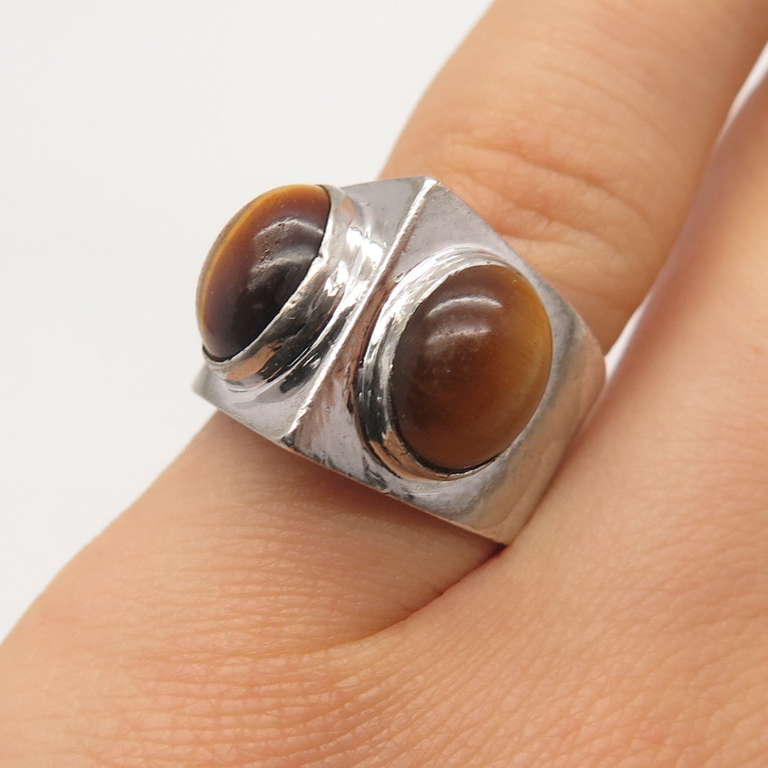 925 Sterling Silver Vintage Real Tiger Eye Gem 2-stone Wide Ring Size 6 ...