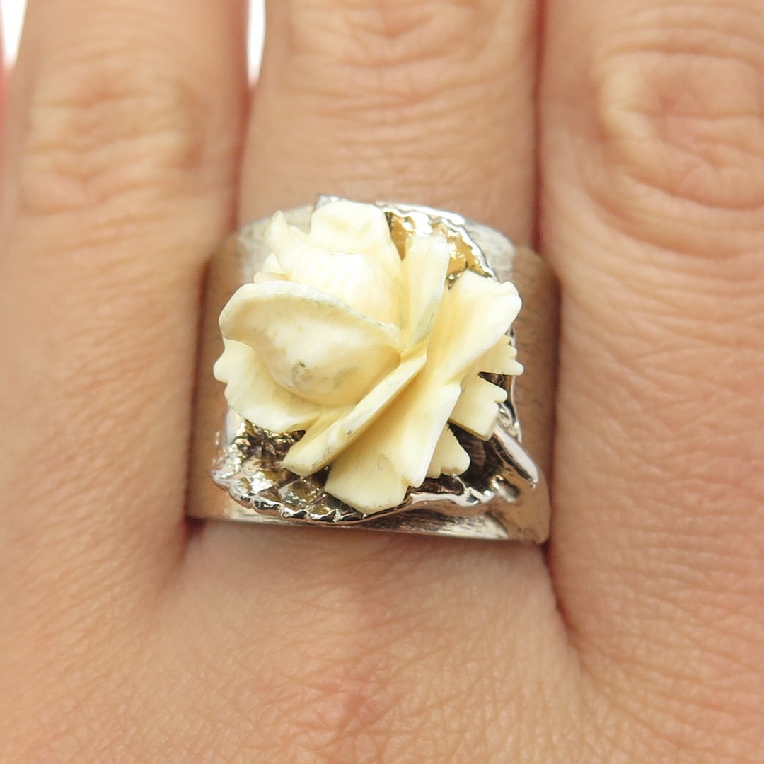 NAPIER 925 Sterling Silver Vintage Ceramic Rose Flower Adjustable Ring ...