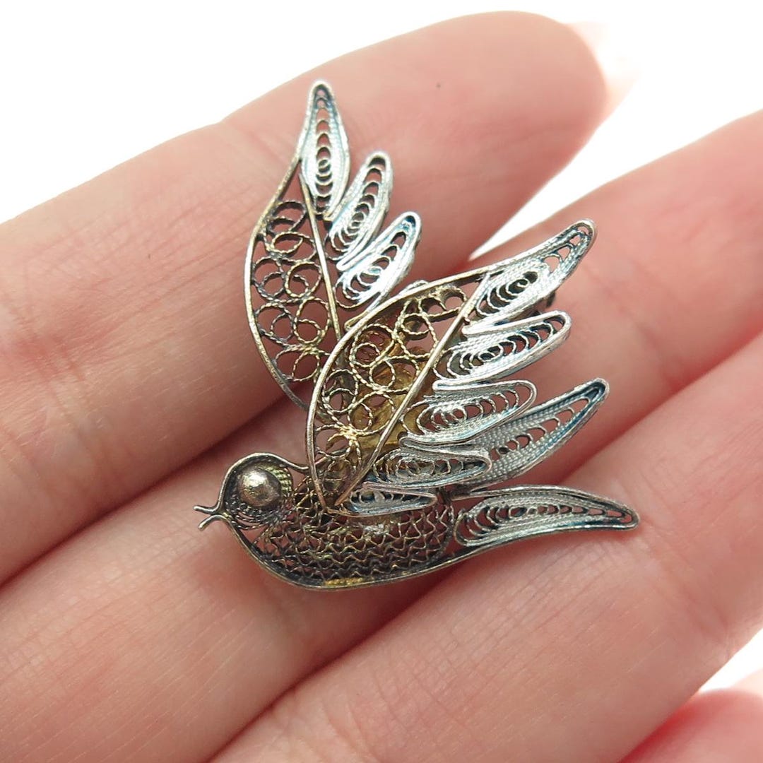 800 Silver 2-tone Vintage Enamel Dove Bird Filigree Pin Brooch - Etsy