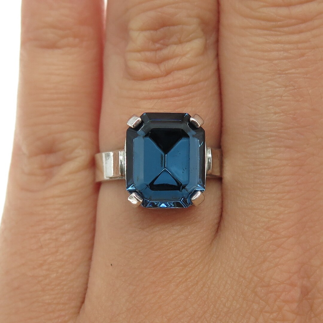 925 Sterling Silver Vintage Emerald-cut Blue Rhinestone Ring Size 6.75 ...