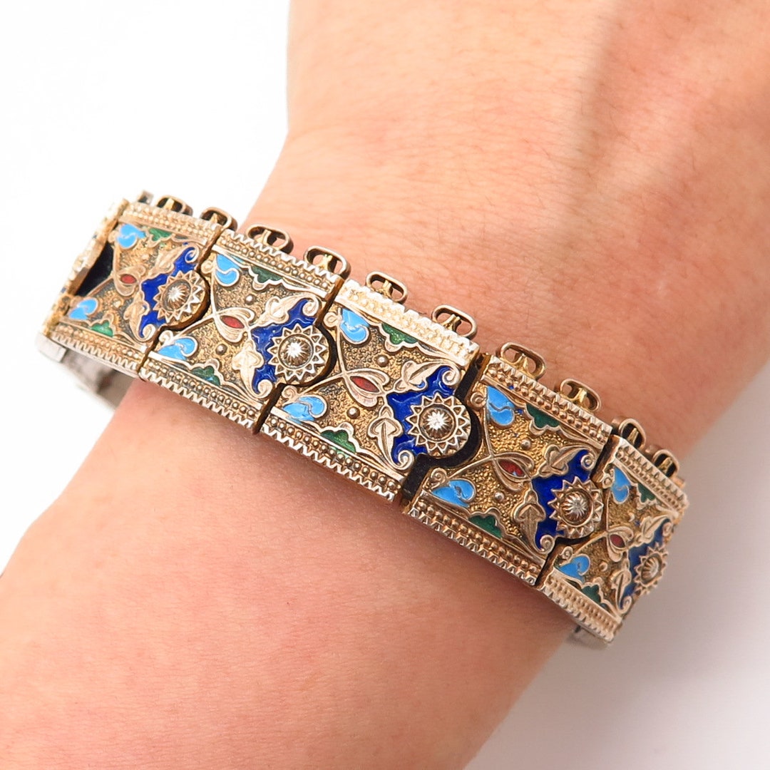 900 Silver Antique Enamel Middle Eastern Design Panel Link Bracelet 6 3 ...