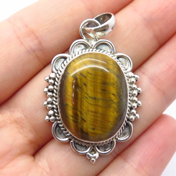 925 Sterling Silver Vintage Real Tiger Eye Gemstone Pendant Etsy Canada