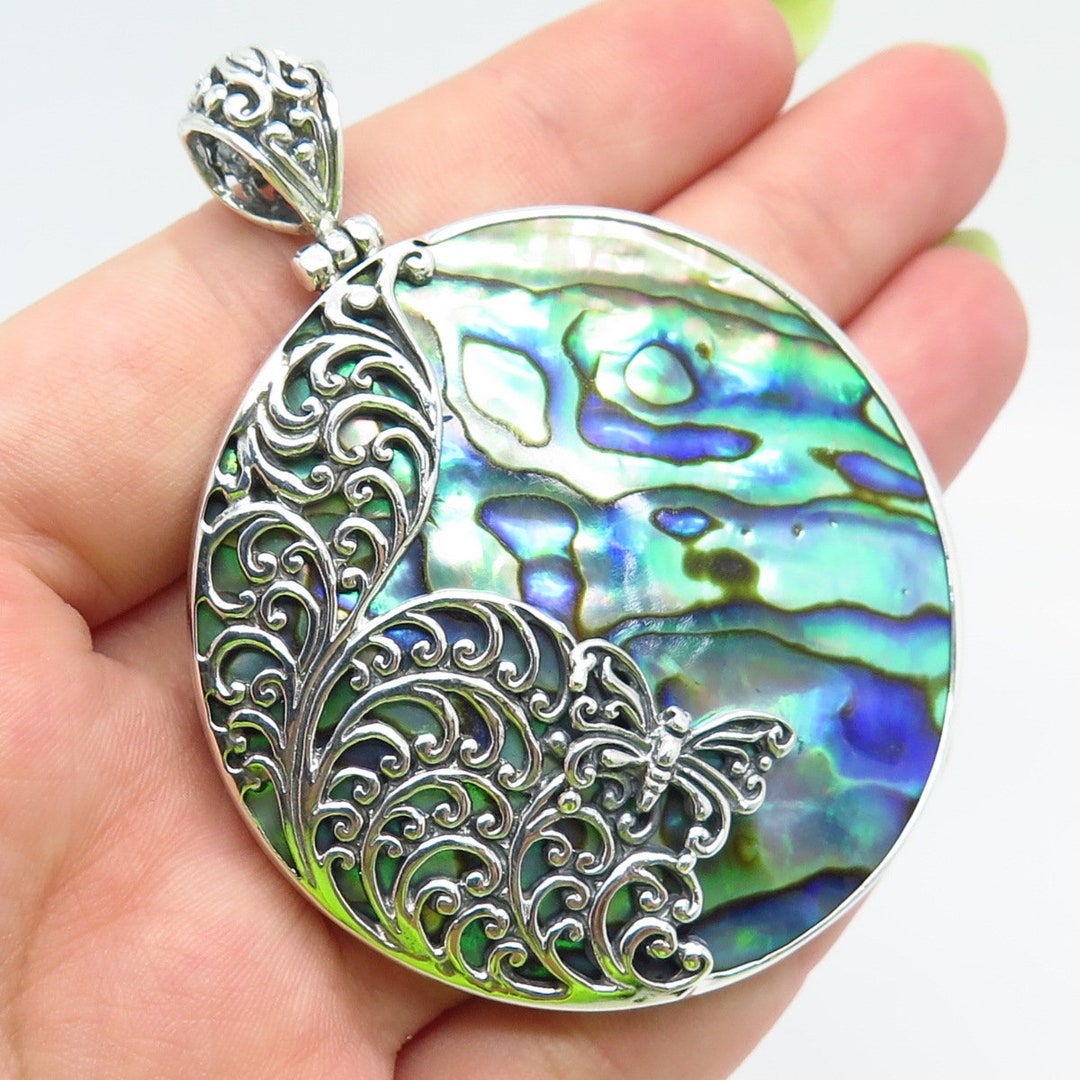 925 Sterling Silver Vintage Real Abalone Shell Ornate Pendant - Etsy