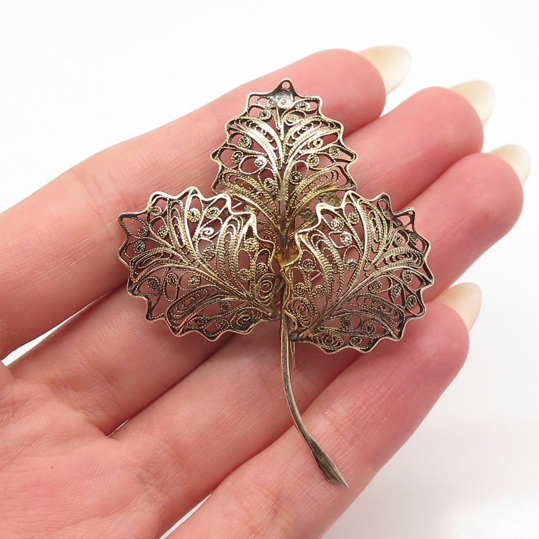 800 Silver Gold Plated Antique Leaf Filigree Pin Brooch - Etsy