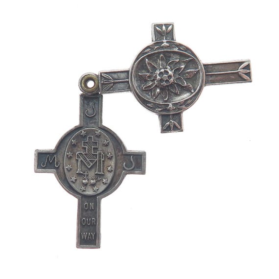 925 Sterling Antique 1830 St. Mary Flower Cross Trans… - Gem