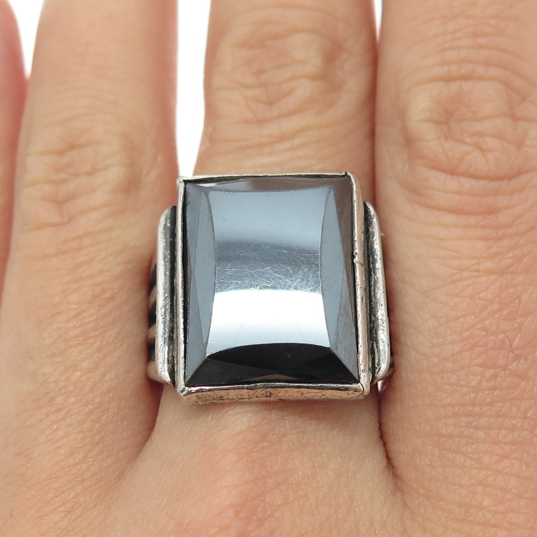 925 Sterling Silver Antique Art Deco Real Hematite Gemstone Ring Size ...