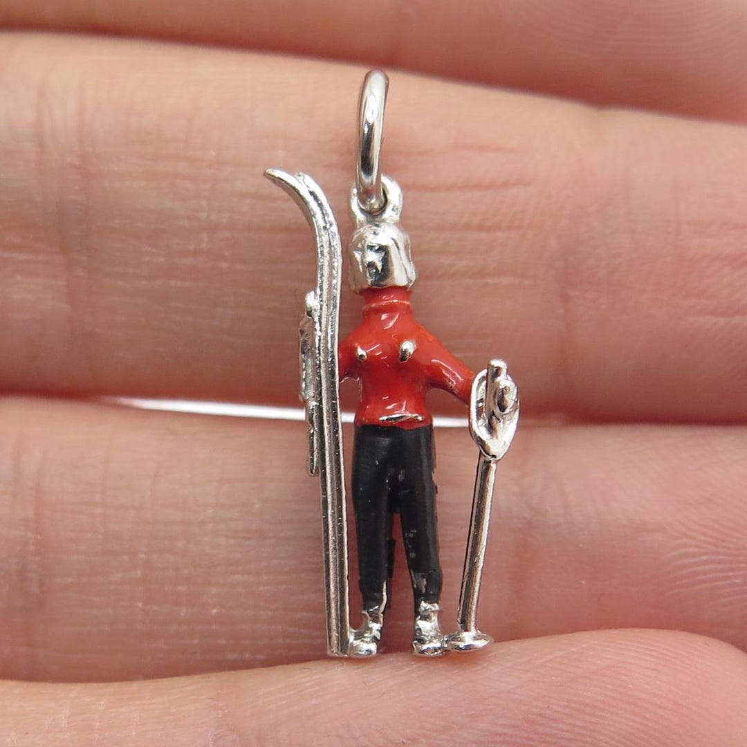 925 Sterling Silver Antique Art Deco Enamel Skier Minimalist 3D Charm ...