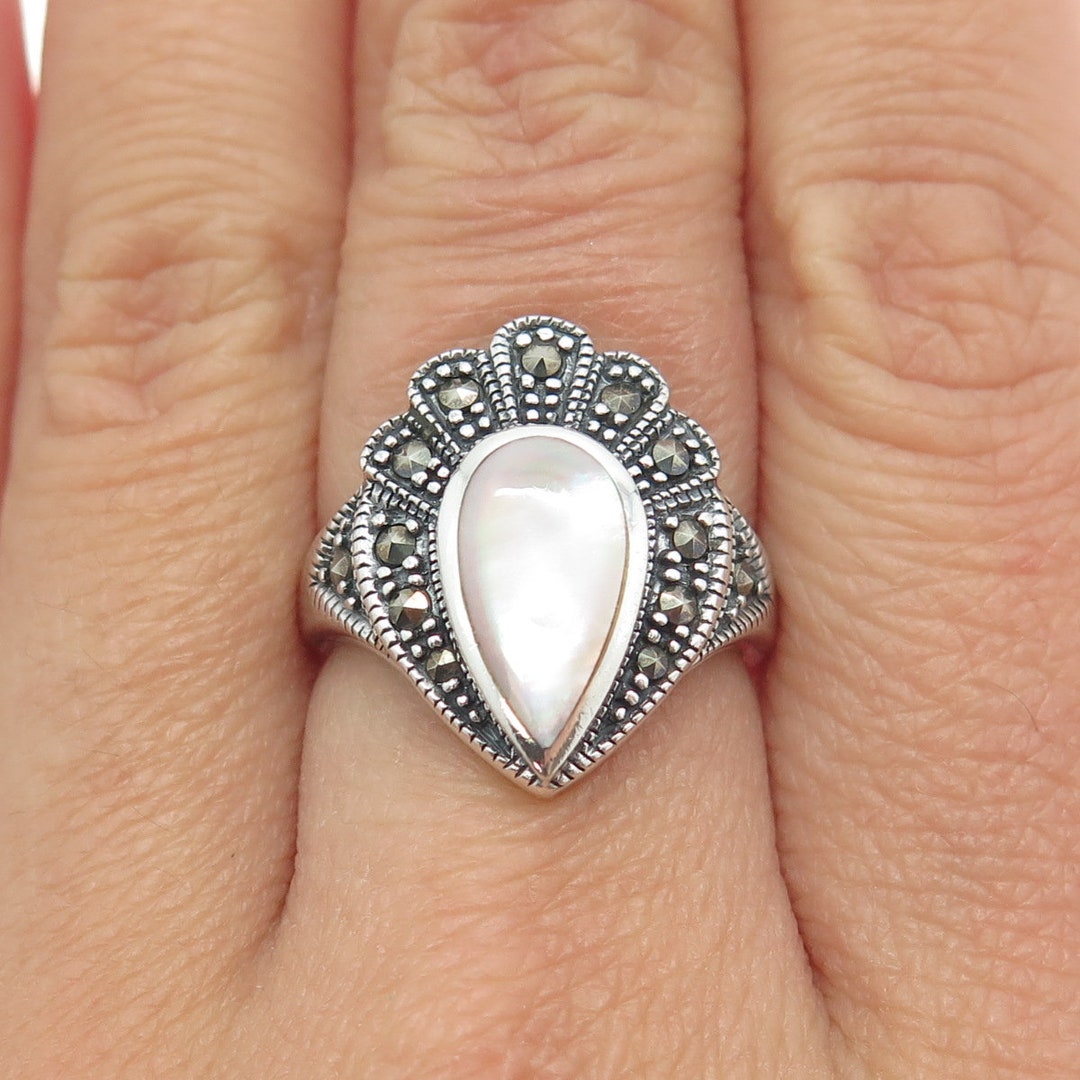 HAN 925 Sterling Silver Vintage Real Mother-of-pearl and Marcasite Gem Ring Size 7 - Etsy