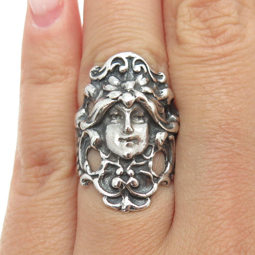 925 Sterling Silver Vintage Repousse Floral Lady Art Deco Style Ring