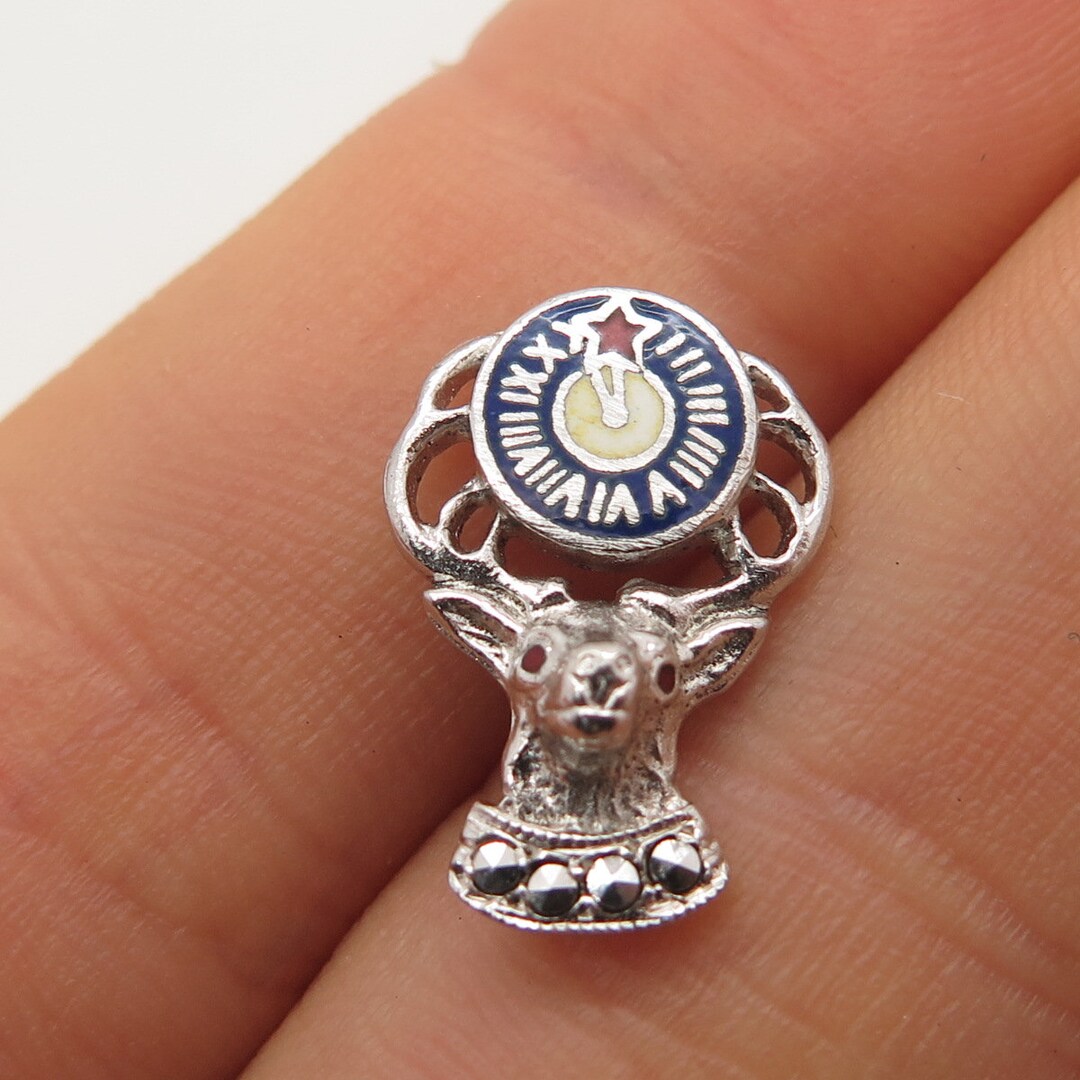 925 Sterling Silver Antique Marcasite Gem & Enamel Elks Member Emblem ...