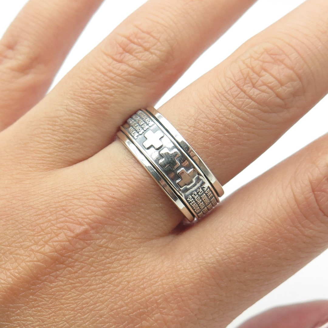 950 Silver Vintage Cross Prayer Religious Rotating Band Ring Size 10.25 ...