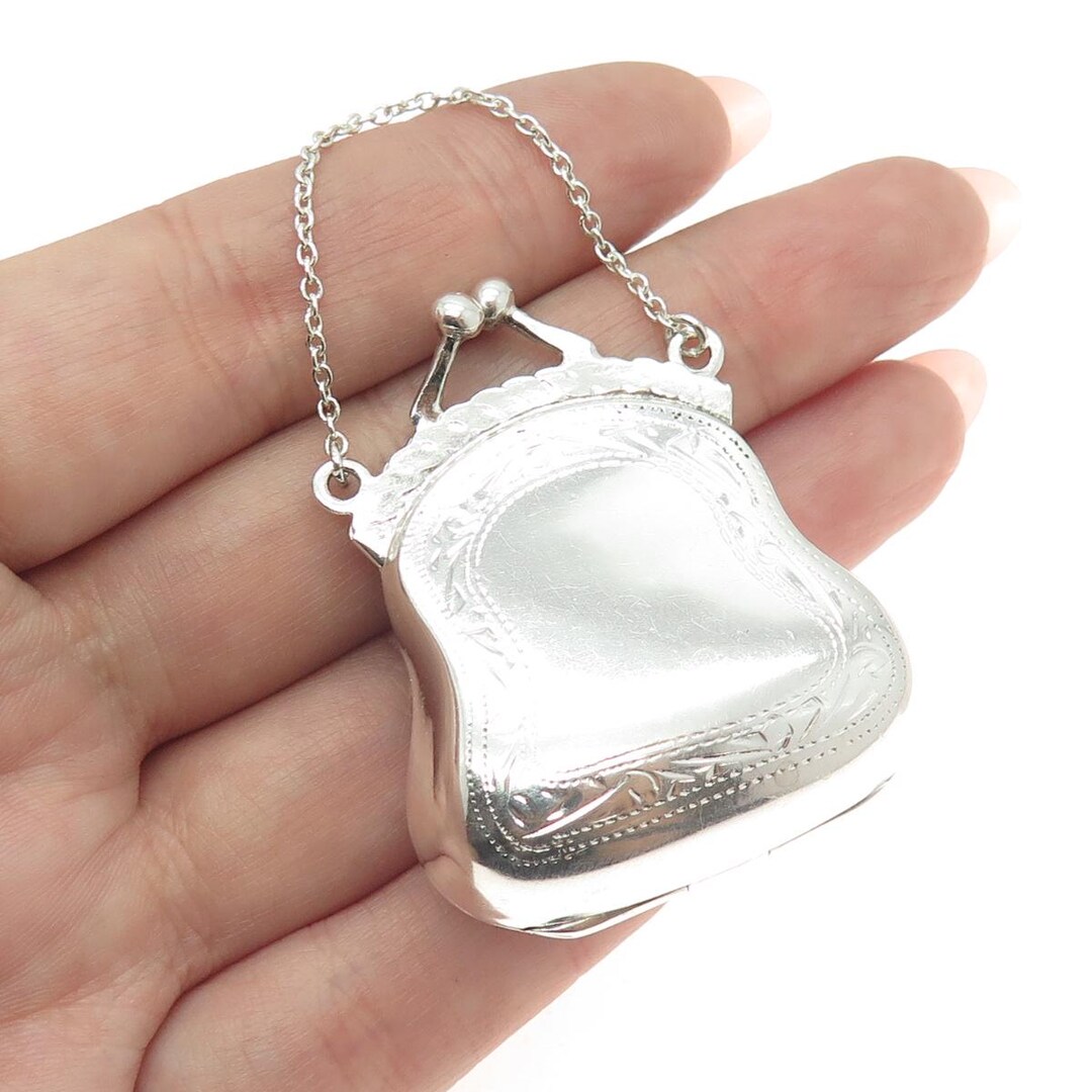 925 Sterling Silver Vintage Engraved Ladies Purse Locket Chain Charm ...