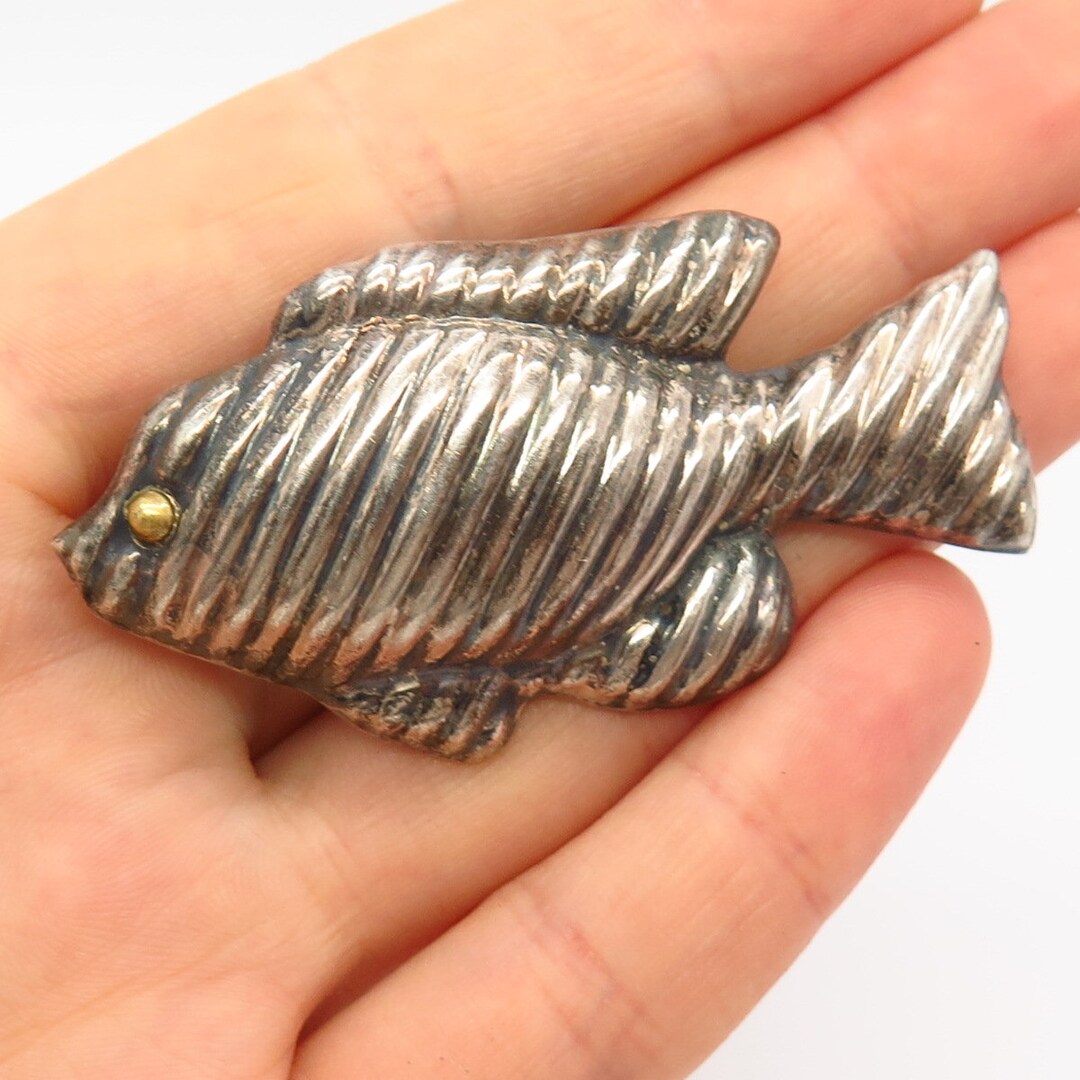 925 Sterling Silver 2-tone Vintage Mexico Ribbed Fish Hollow Pin Brooch ...