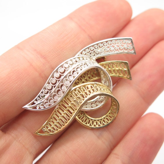 800 Silver 2-Tone Vintage Abstract Double Ribbon Pin … - Gem