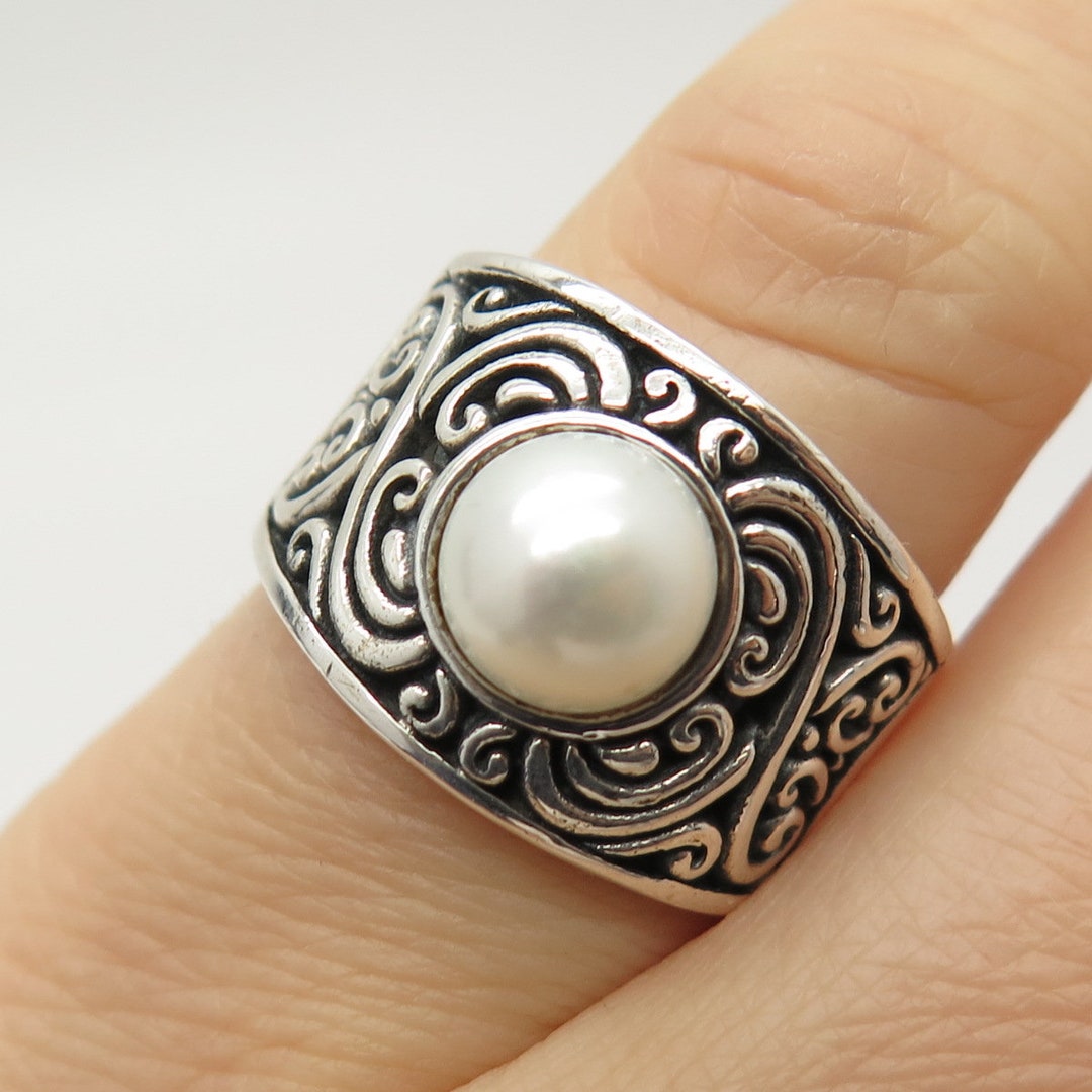 925 Sterling Silver Vintage Suarti Bali Faux Pearl Swirl Ring Size 5.5 ...