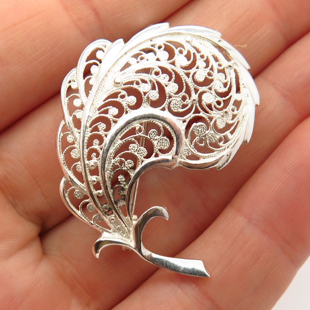 835 Silver Antique Feather Filigree Design Pin Brooch - Etsy