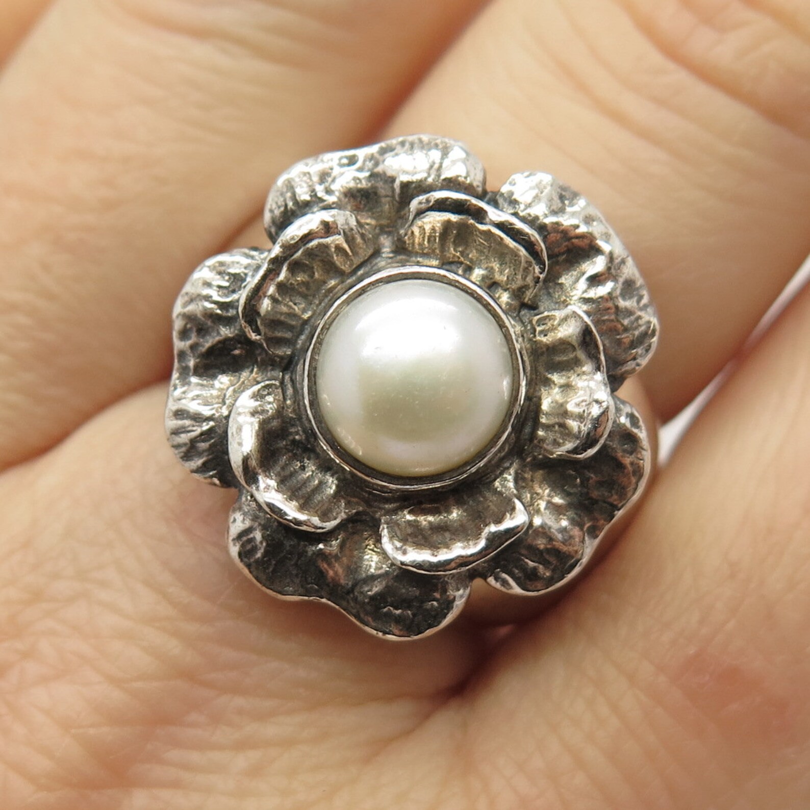 925 Sterling Silver Vintage Real Pearl Floral Ring Size 7 - Etsy