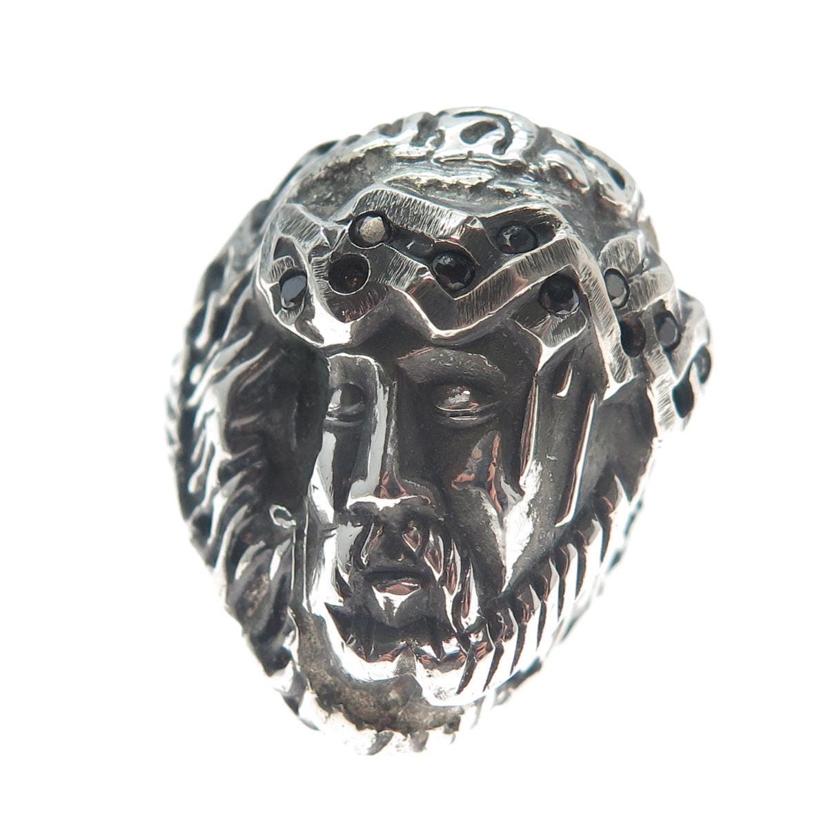 925 Sterling Vintage Real Black Diamond Jesus Ring Size 12.75 (missing ...