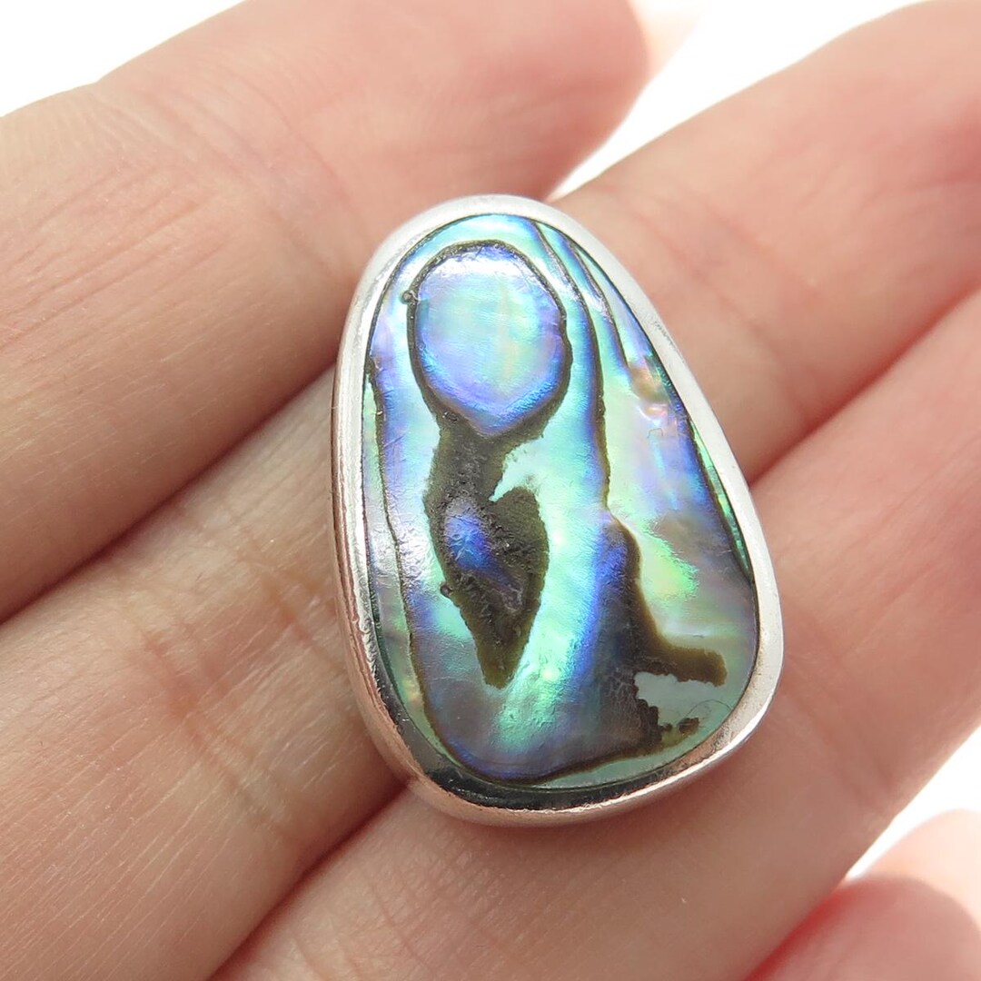 925 Sterling Silver Vintage Real Abalone Shell Modernist Slide Pendant ...