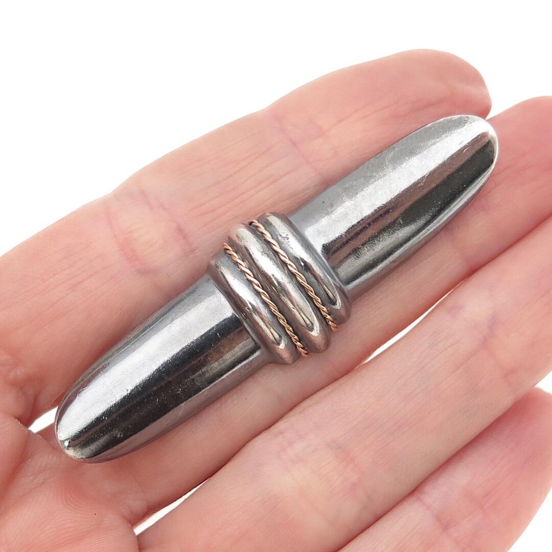925 Sterling Silver 14K Gold Vintage DND Modernist Bar Oxidized Pin ...