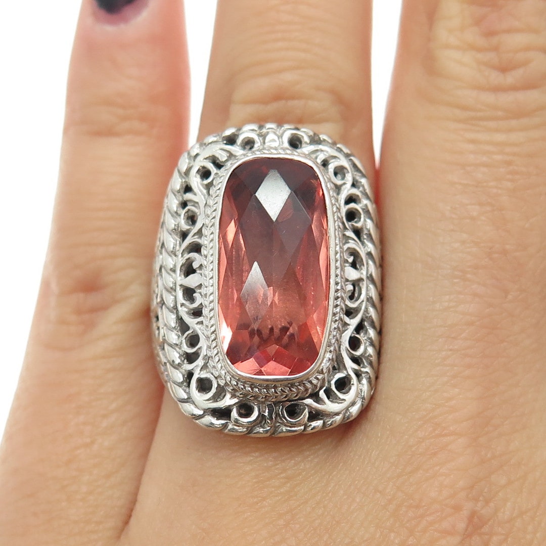 SARDA 925 Sterling Silver Vintage Real Morganite Statement Ring Size 7 ...