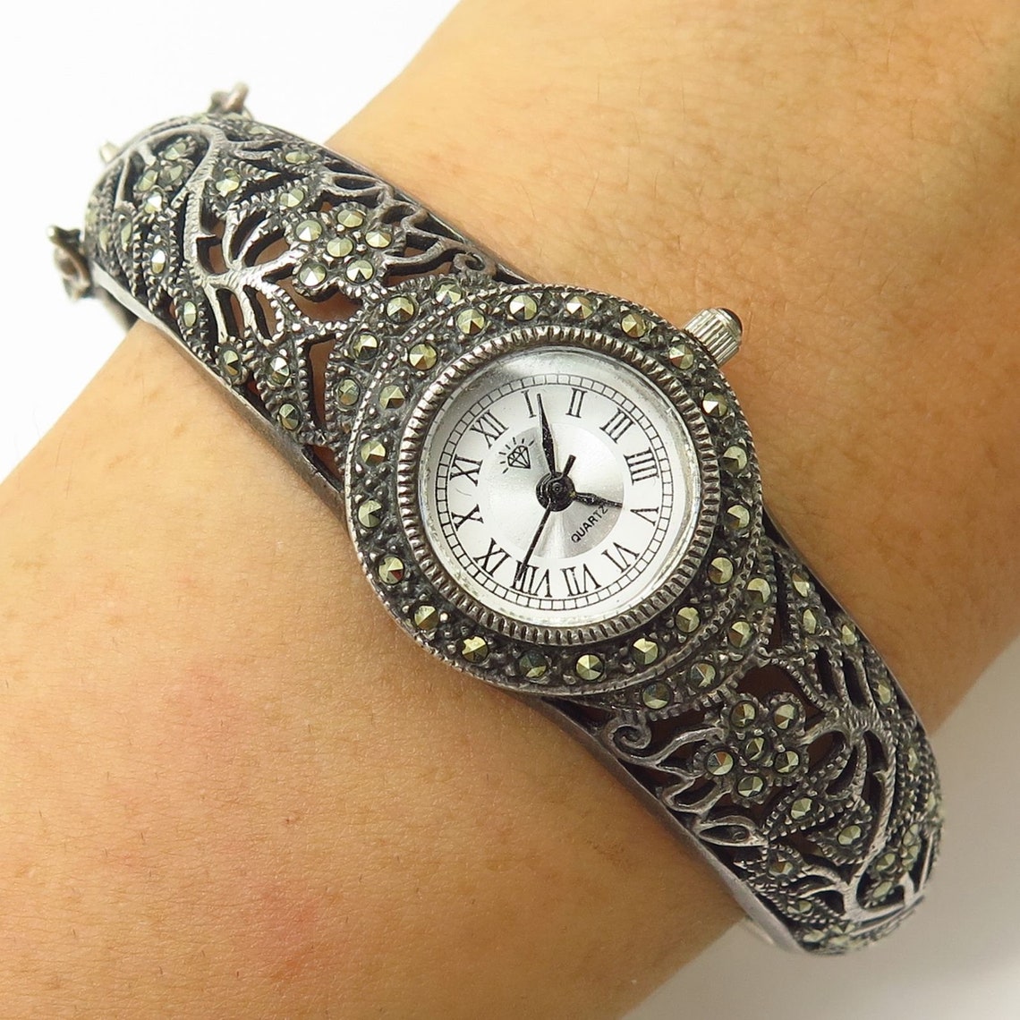 Vtg Japan Quartz Movt 925 Sterling and Marcasite Floral Design | Etsy